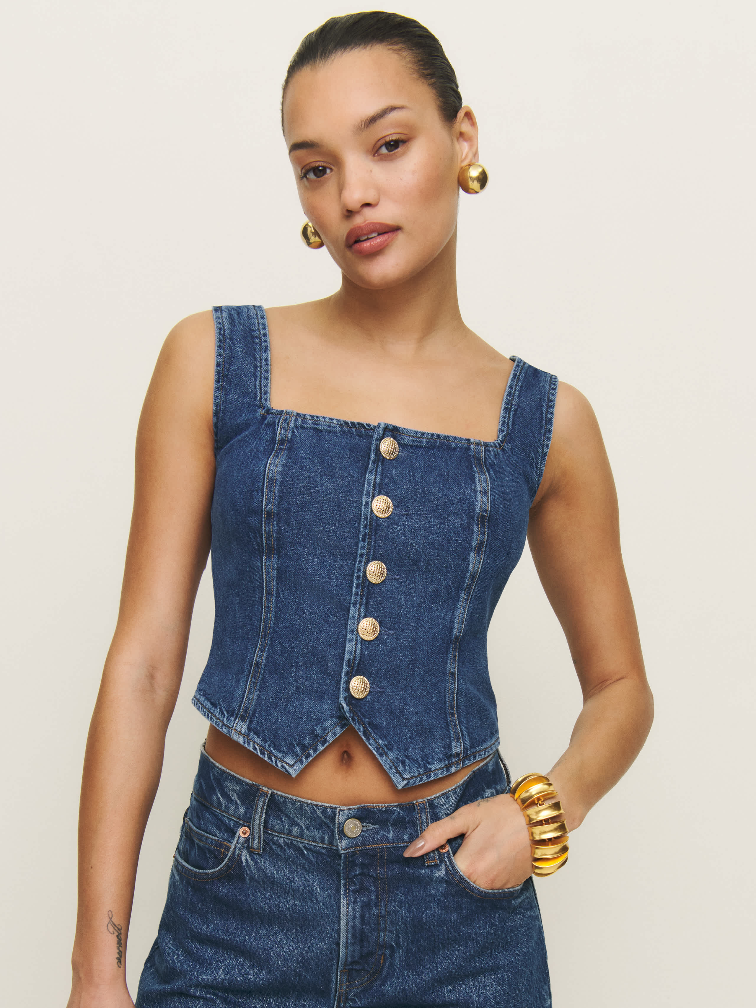 Reformation Bo Denim Cropped Vest Top In Blue | ModeSens